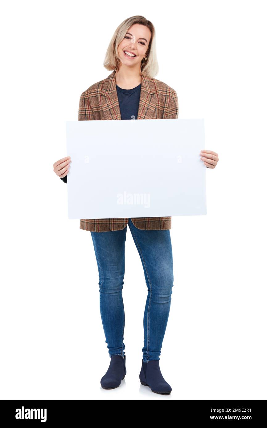 Portrait, poster and woman with sign for mockup, marketing or ...