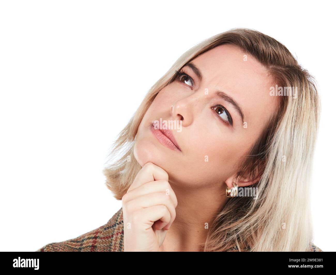 Mockup, woman or thinking for idea, focus or decision with person ...