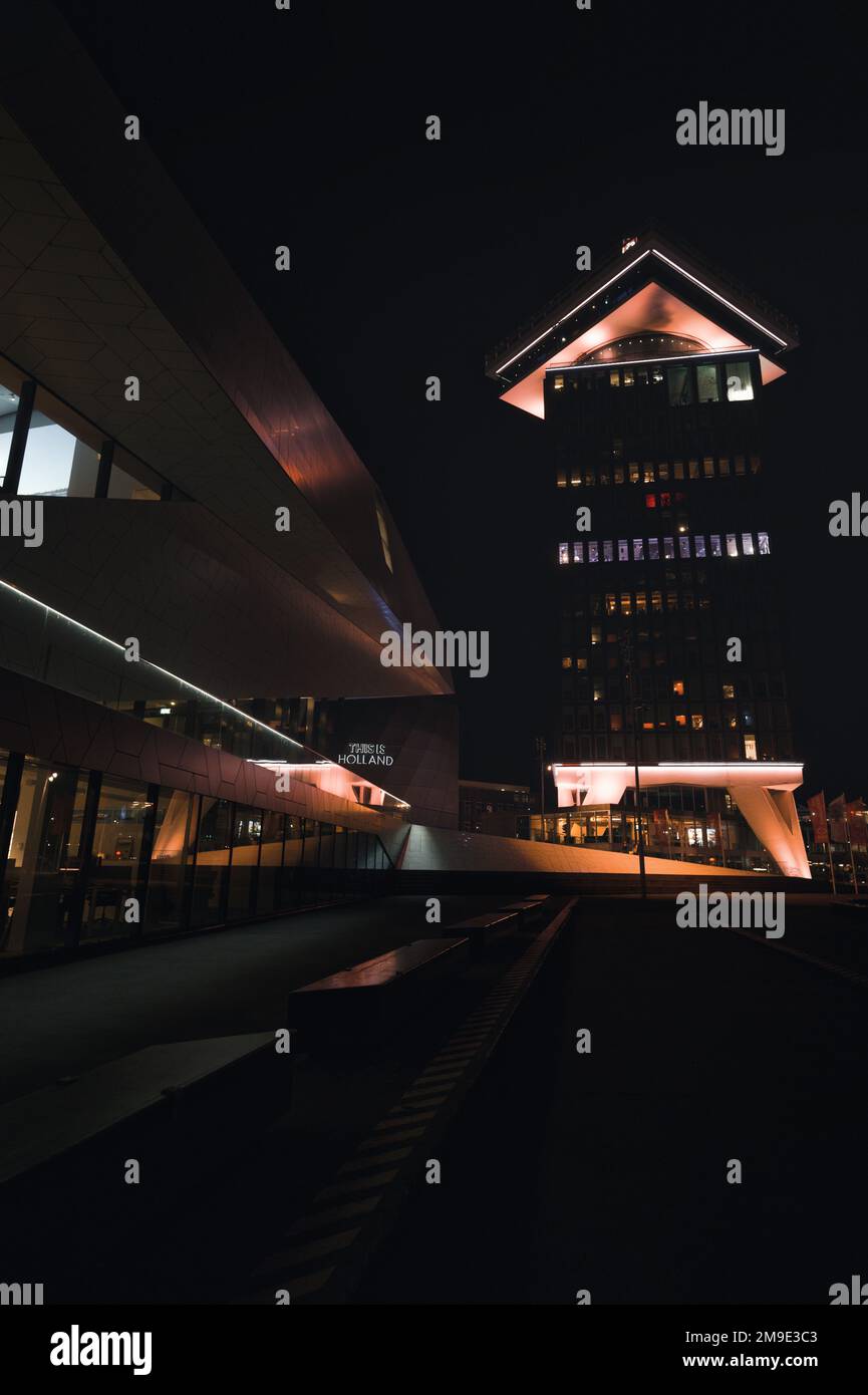 A night view of the A'DAM exterior Lookout tower in Amsterdam ...