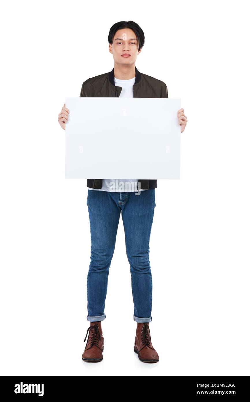 Sign, portrait and man with poster for mockup, marketing or advertising ...