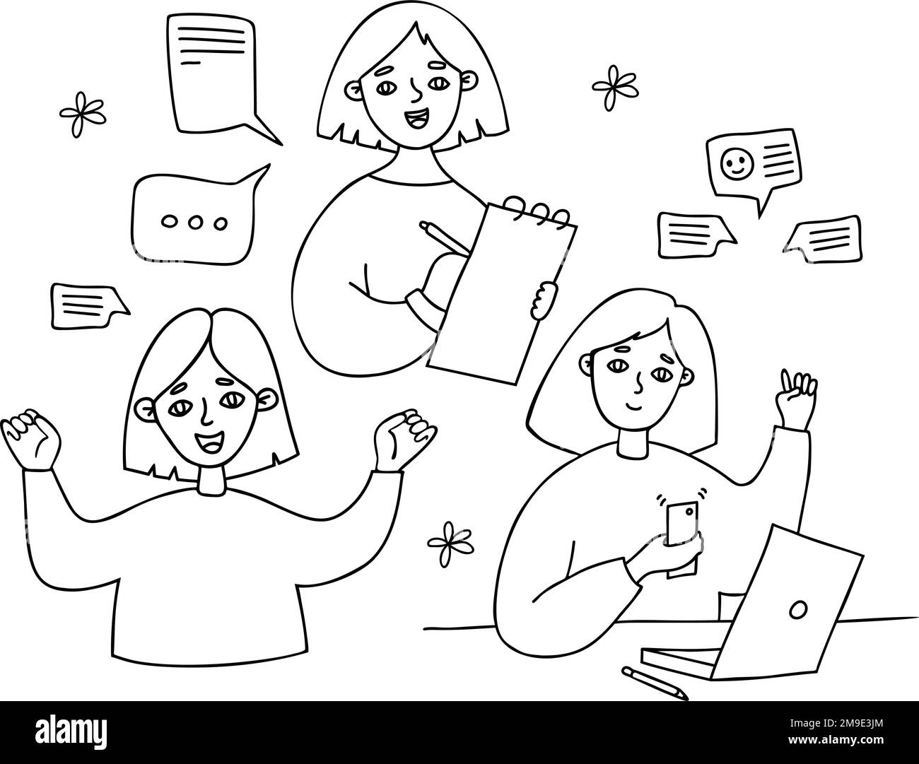 Collection cute business women with laptop, papers and online text ...