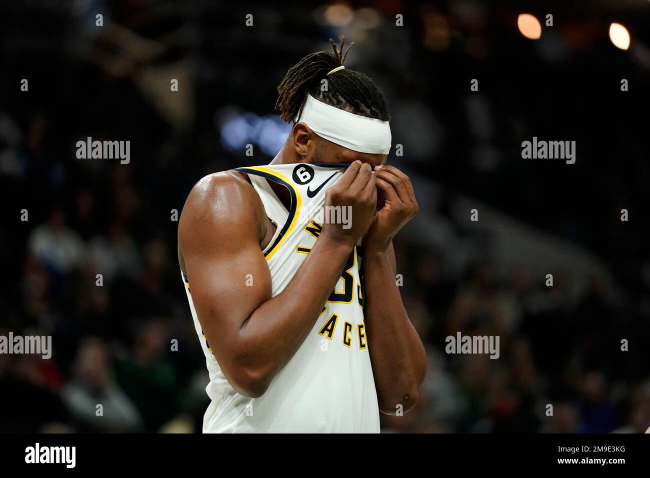 Indiana Pacers' Myles Turner wipes his face during the second half of ...