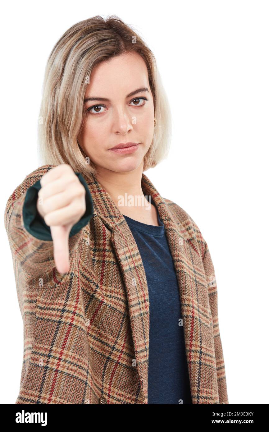 Thumbs down, fail and portrait of woman in studio isolated on white ...