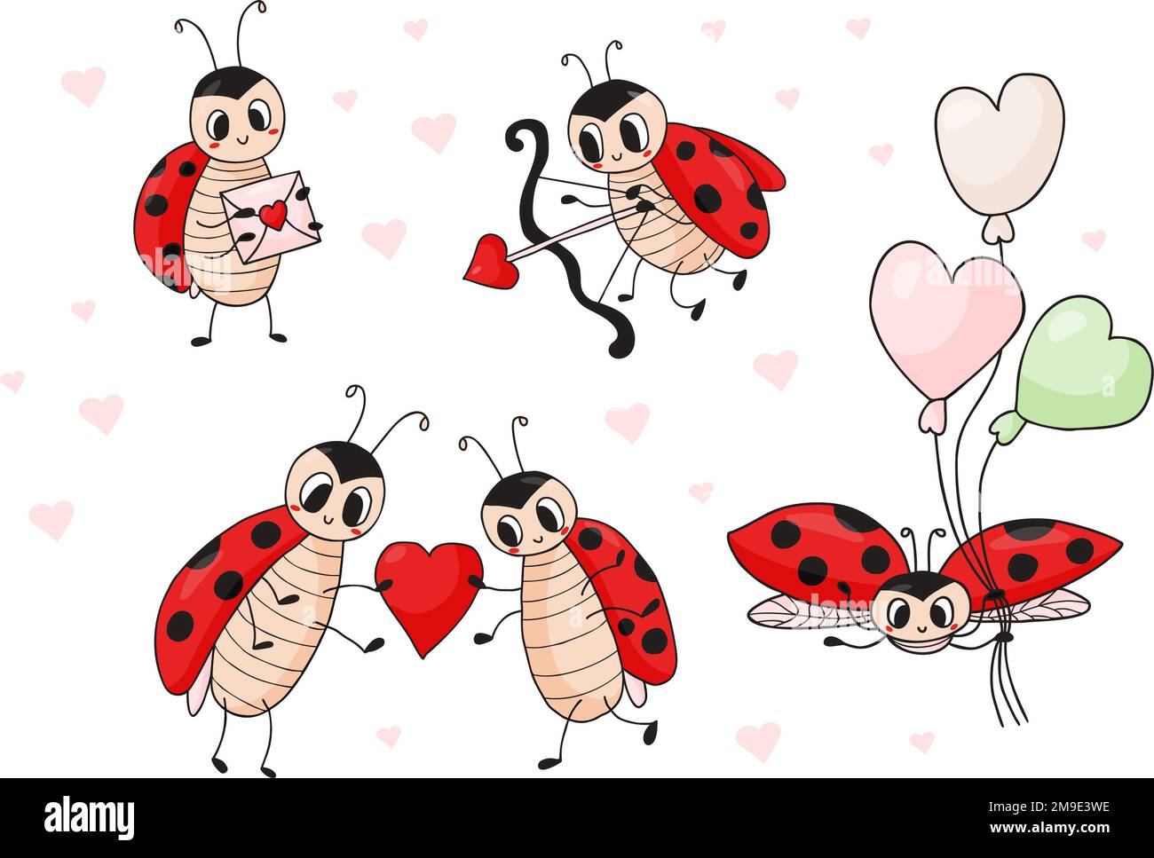 Set ladybug and love. Cute insect ladybird with letter and balloons ...