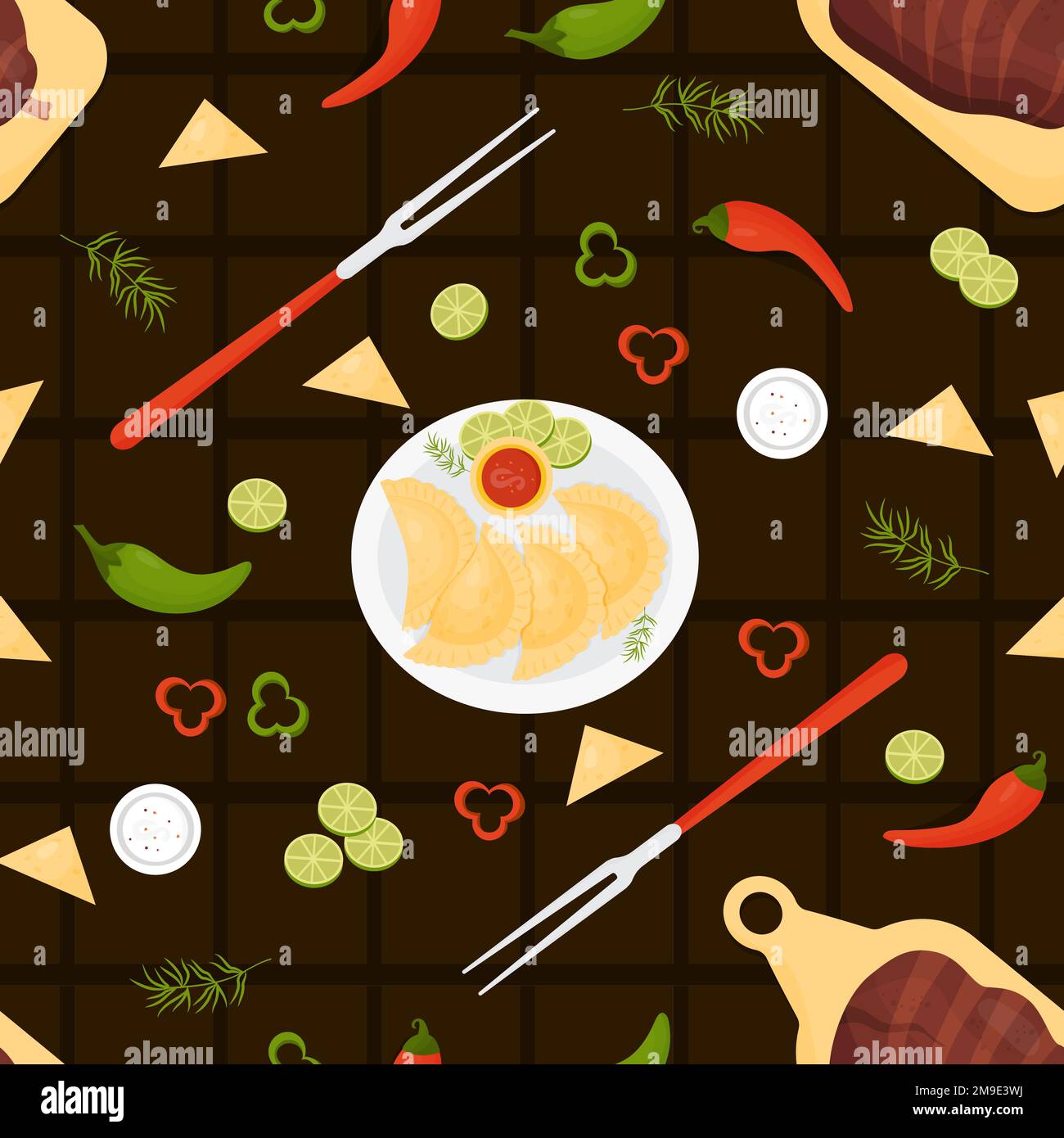 Vector seamless pattern with latin american food. Fried pork leg ...