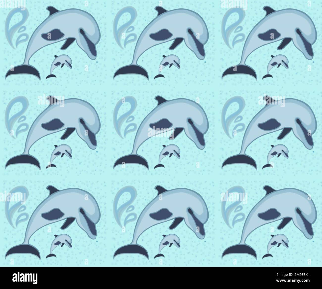 Seamless pattern marine life with blue dolphin and sea spray on aqua ...