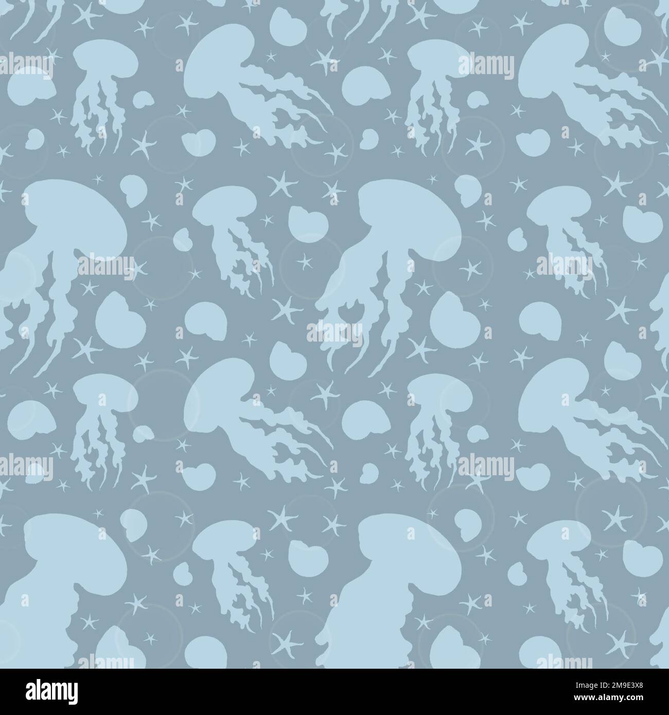 Sea seamless pattern with light blue jellyfish, starfish, seashell and ...