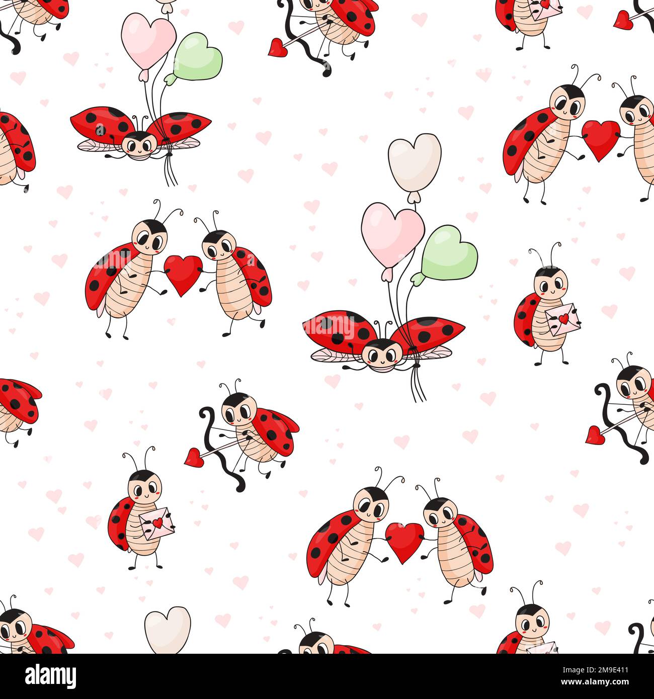 Seamless pattern with cute ladybugs. Couple insects with heart, cupid ...