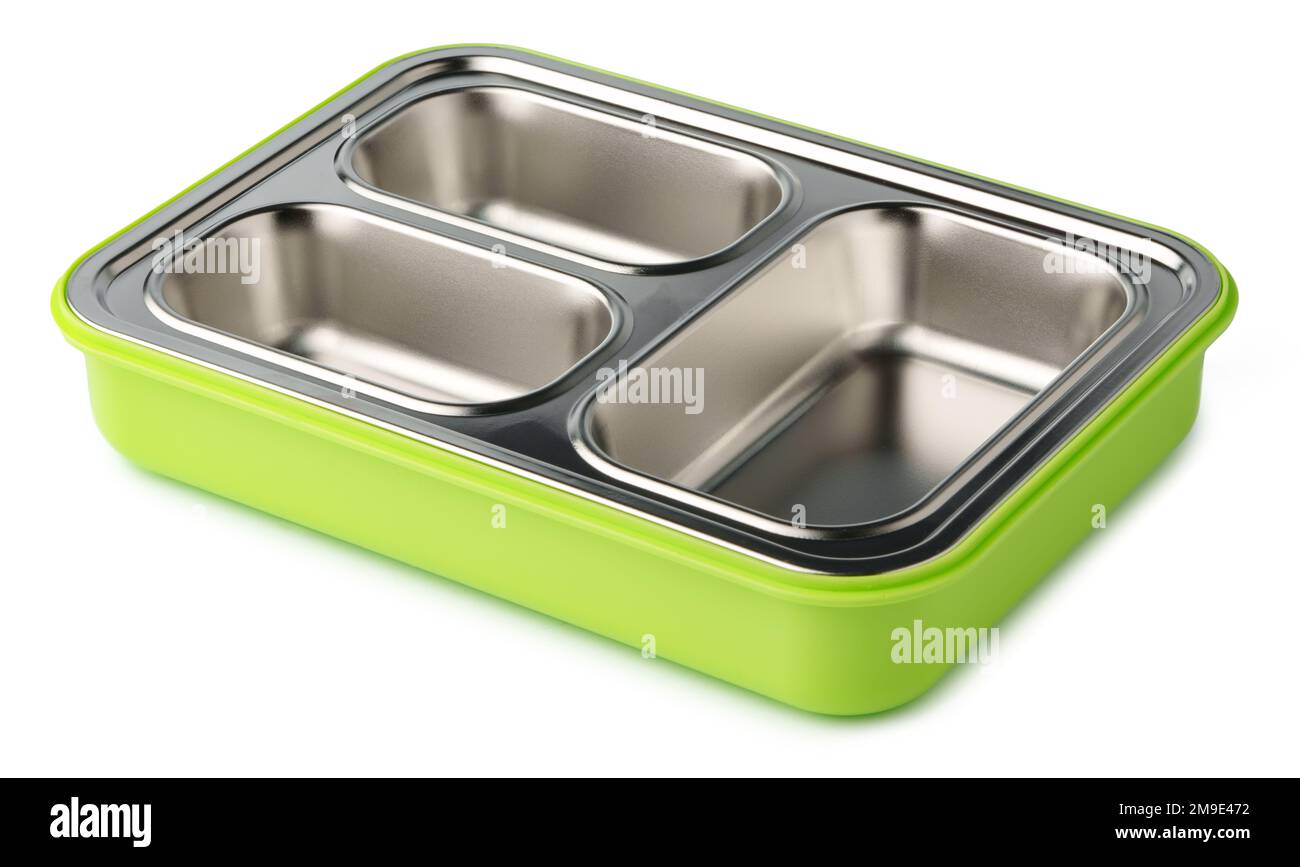 Empty lunch box with metal compartments isolated on white background ...