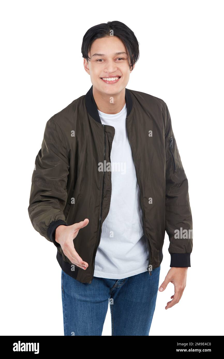 Fashion portrait, man and handshake in studio isolated on white ...