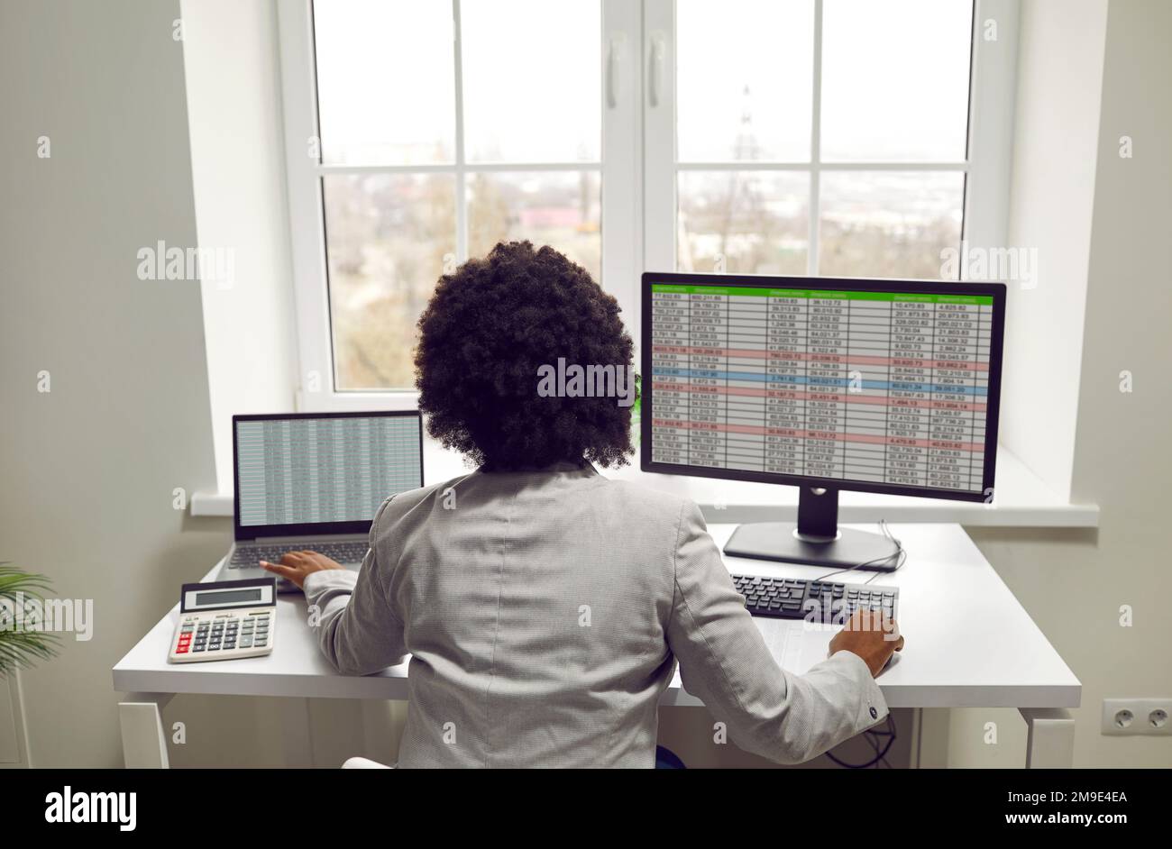 Rare view of financial manager working in office in front of window ...