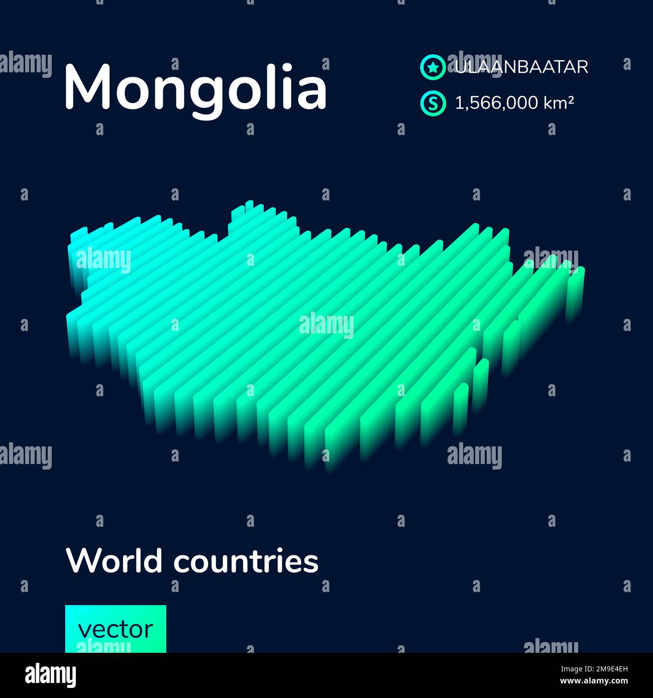 Mongolia 3D map. Stylized neon isometric striped vector Map in green ...