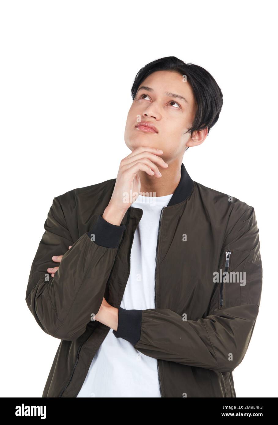 Thinking, idea and Asian man with a problem isolated on a white ...