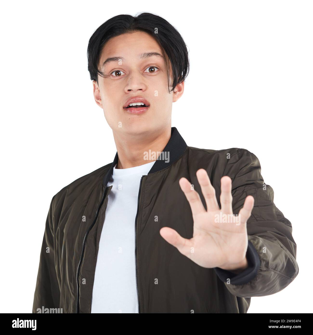 Young man, surprise and stop hand sign in portrait with caution, danger ...