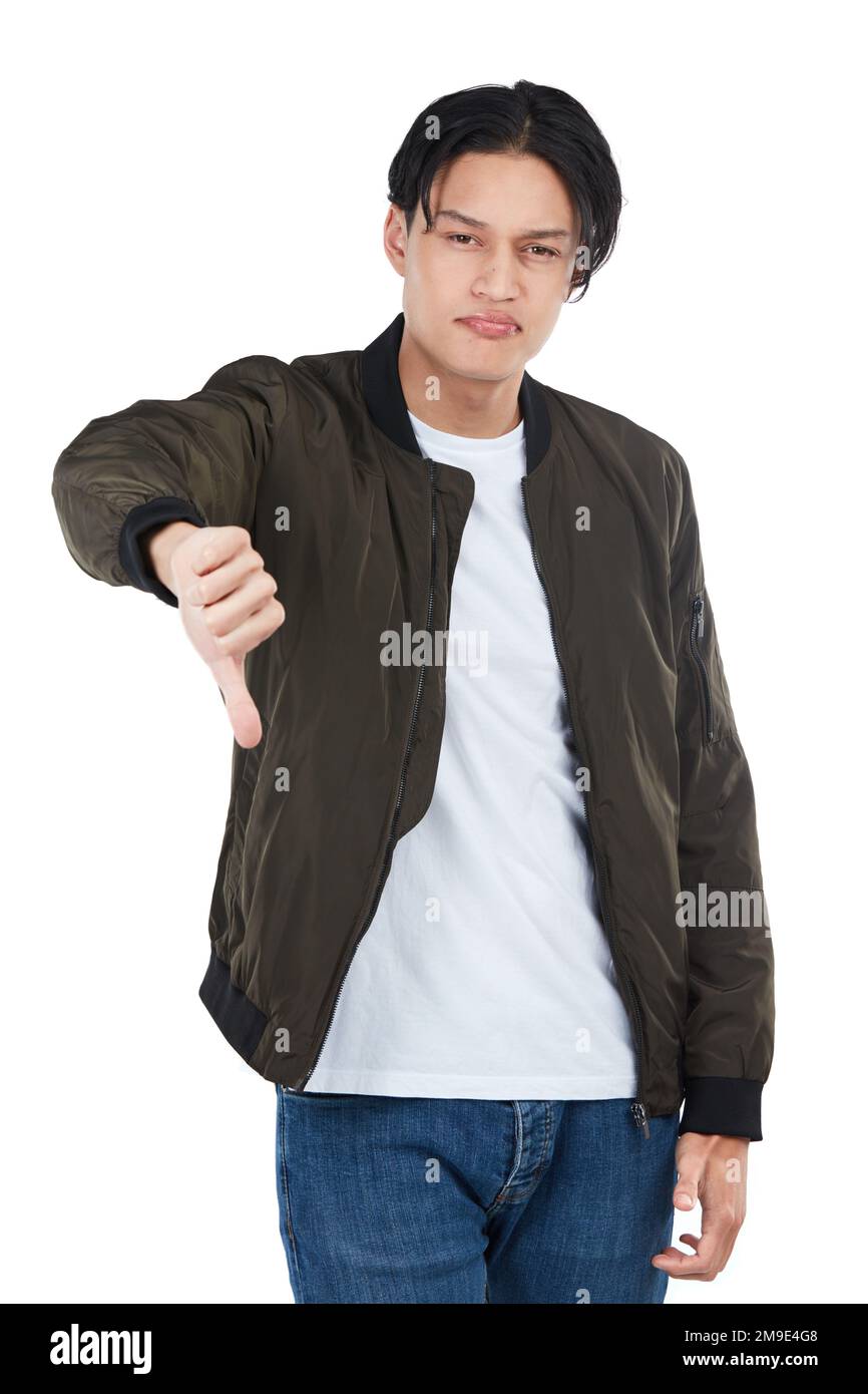 Fail, thumbs down and portrait of man in studio isolated on white ...
