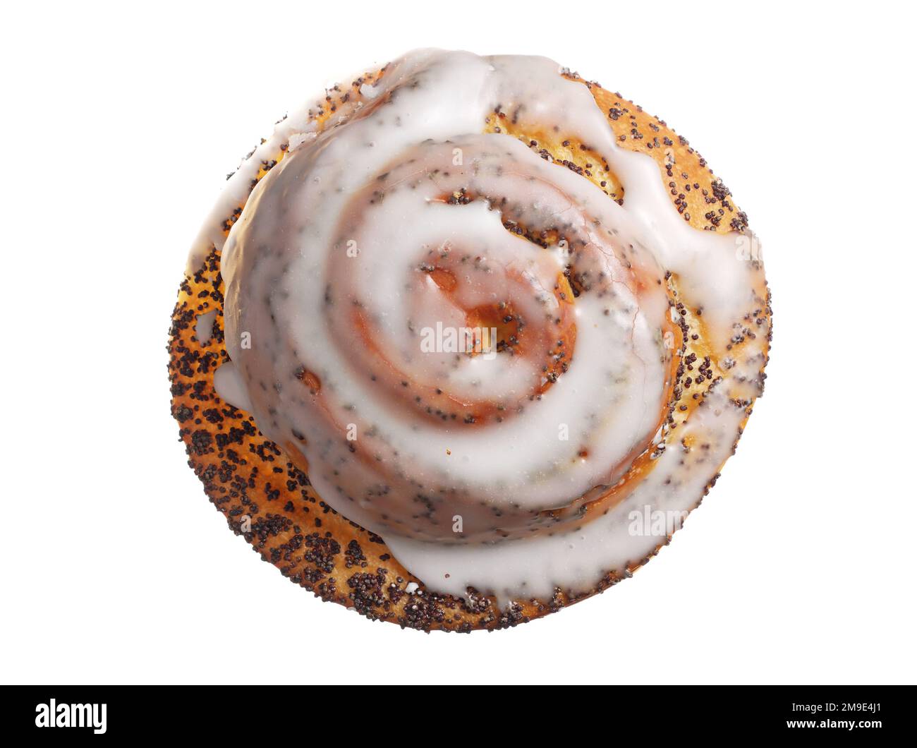 Sweet bun with poppy seeds and sugar icing isolated on a white ...