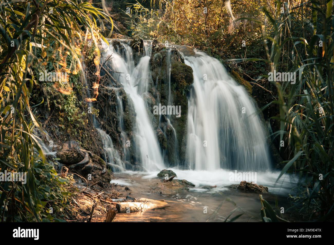 A natural view of a beautiful waterfall in a rocky forest Stock Photo ...