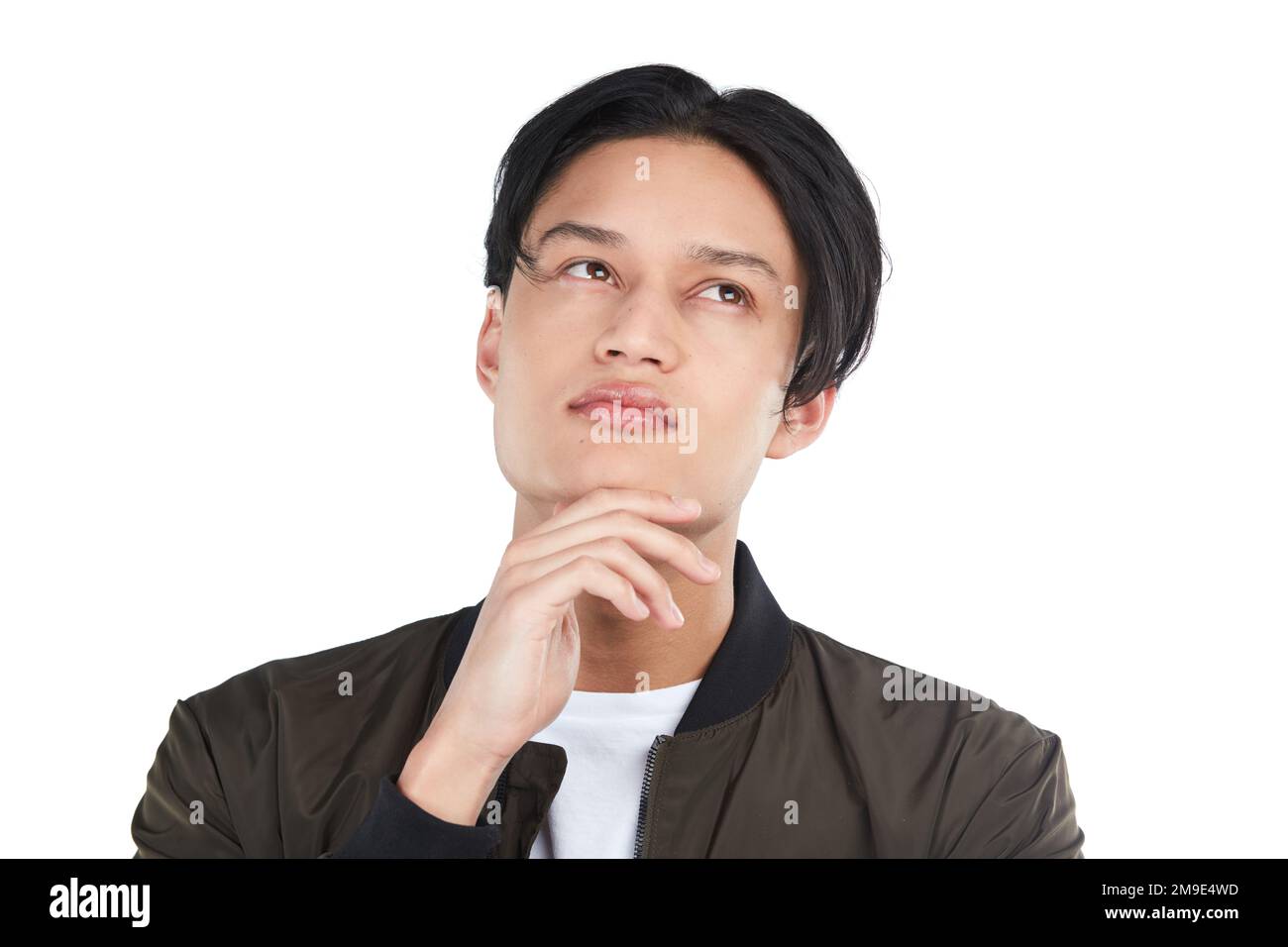 Thinking, decision and Asian man planning idea isolated on a white ...