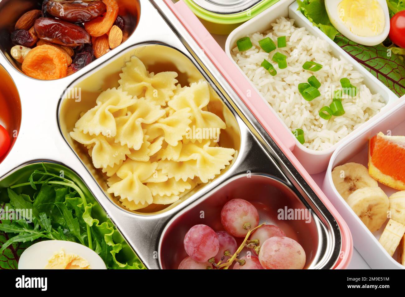 Many containers with delicious healthy food for background Stock Photo ...