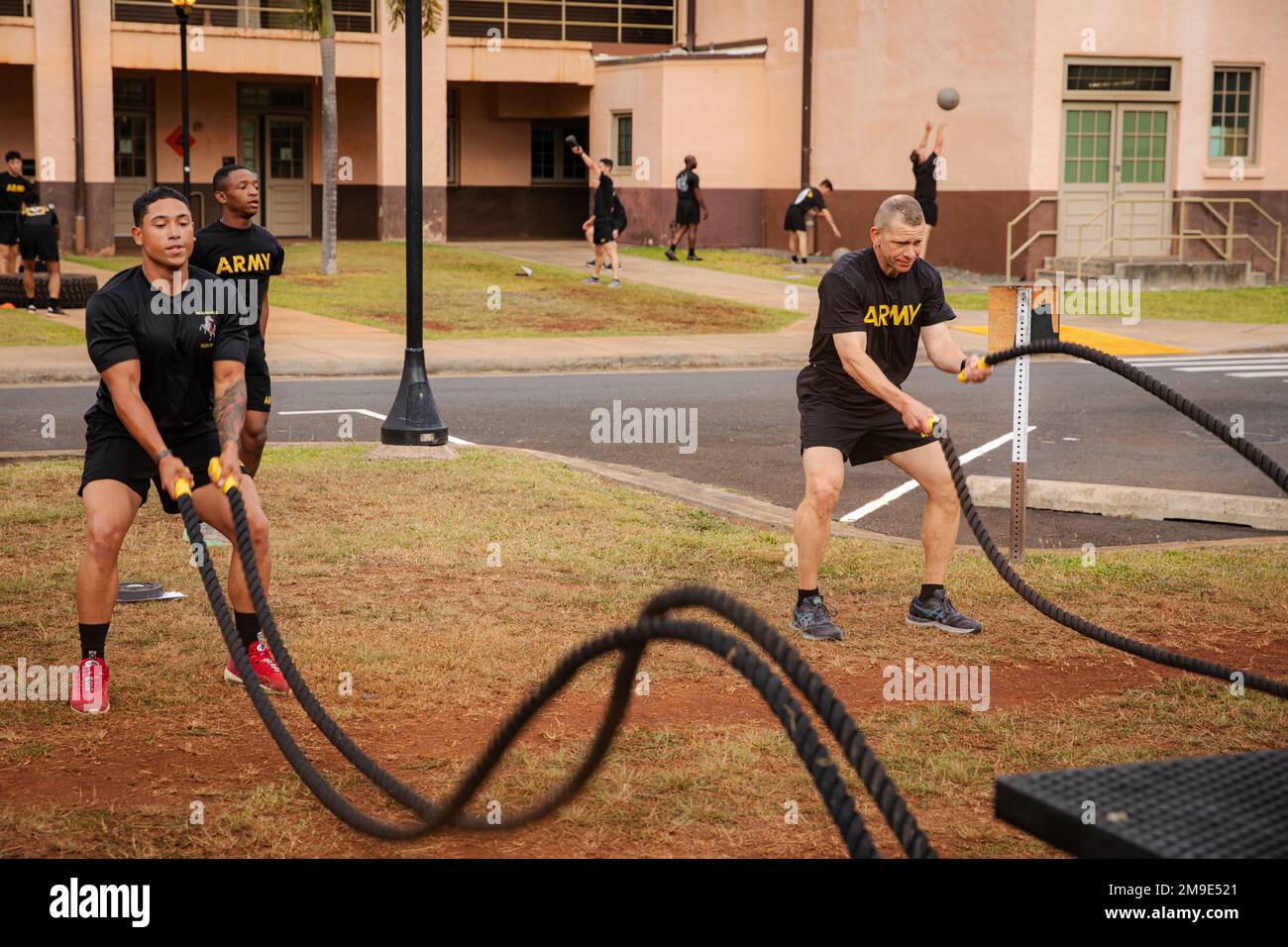 Sgt. Maj. of the Army Michael A. Grinston uses battle ropes during ...