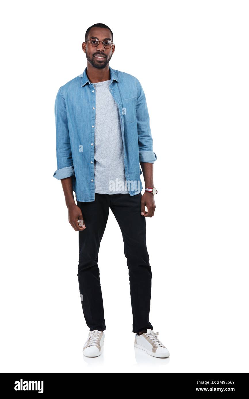 Young black man, full body portrait and standing ready isolated in ...
