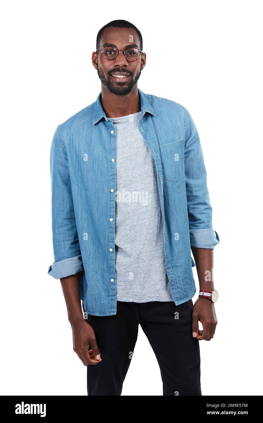Young black man, smile portrait and standing ready isolated in white ...