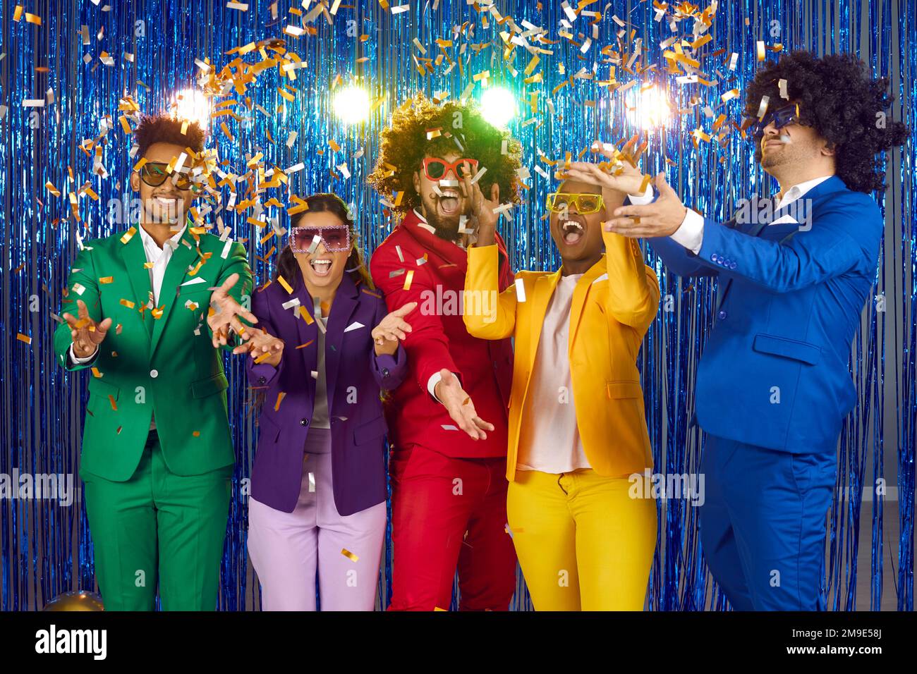 Portrait of funny young people having fun together having fun at New ...