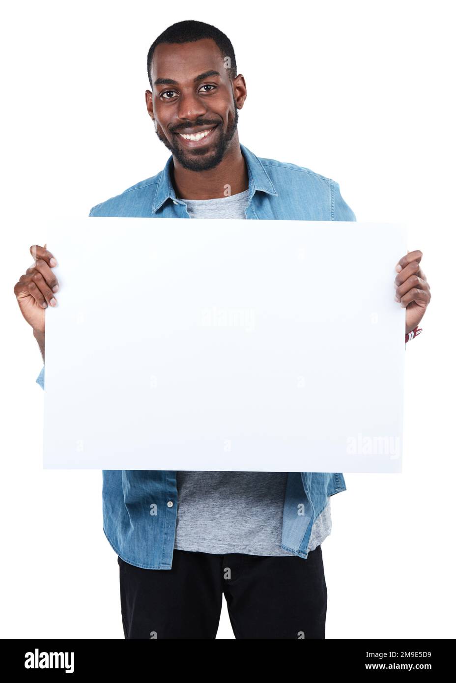 Sign, portrait and black man with poster for mockup, marketing or ...
