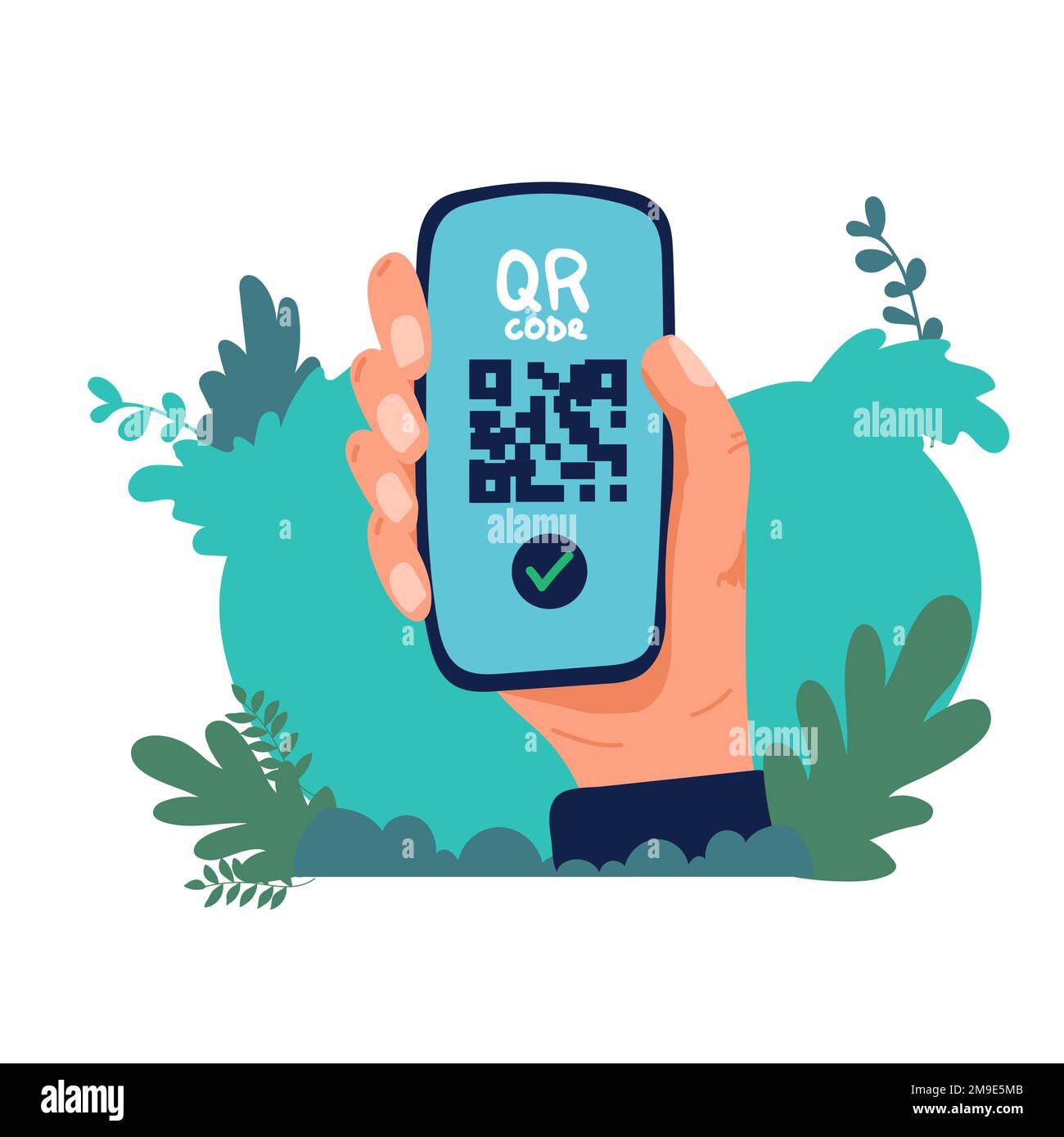 banner landidng page QR code scanning icon in smartphone. hand holding ...
