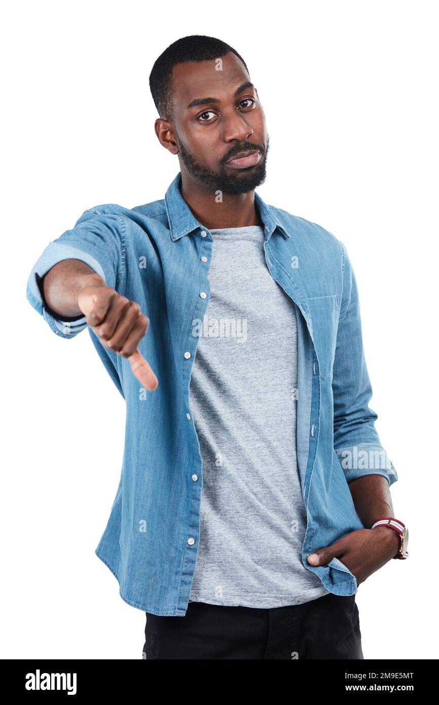 Thumbs down, fail and portrait of black man in studio isolated on white ...