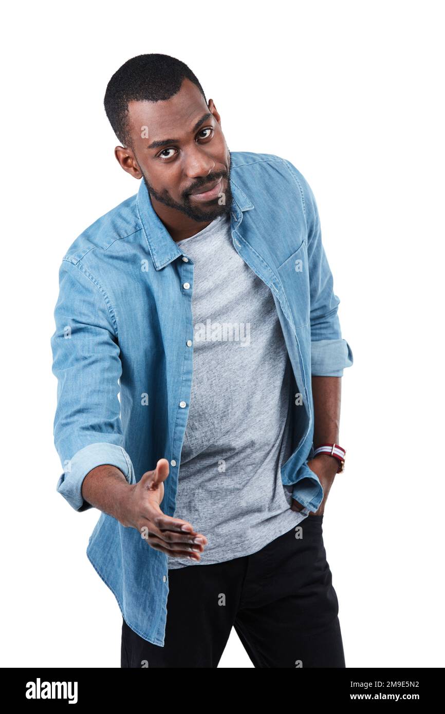 Fashion portrait, handshake and black man in studio isolated on white ...