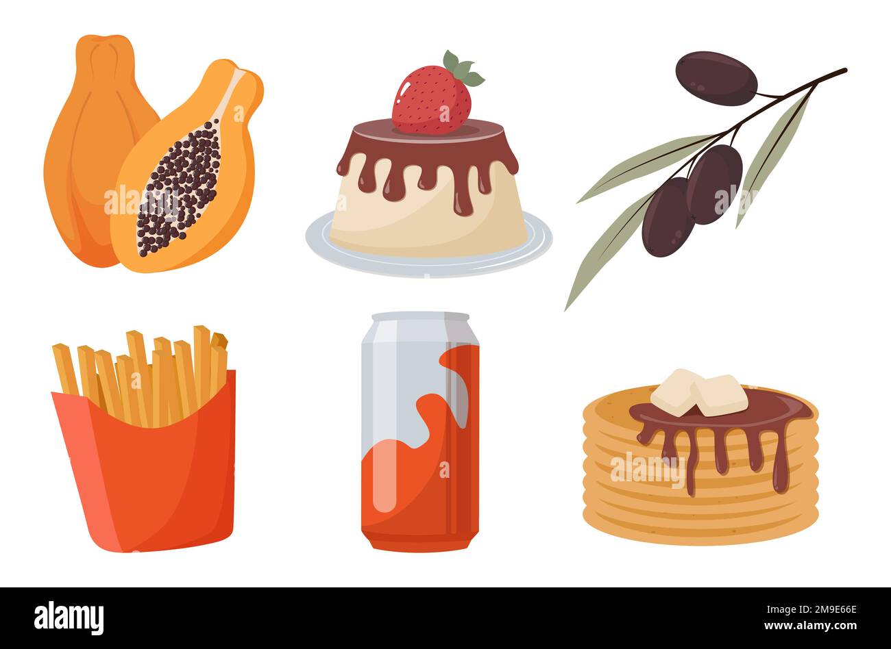 food set papaya branch with olives dessert french fries soda in tin and ...