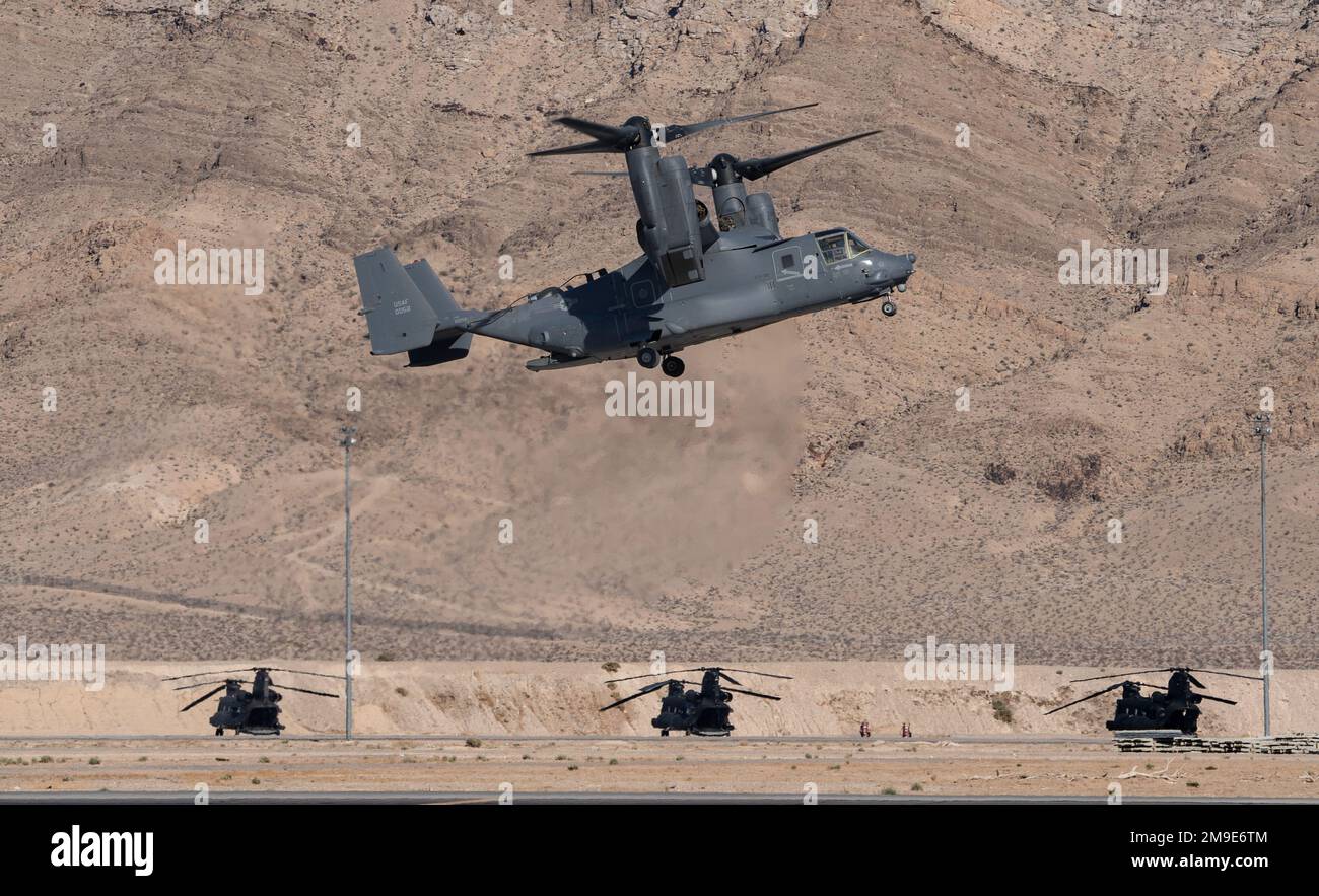 A CV-22B Osprey tiltrotor aircraft gets ready to land after a Weapons ...