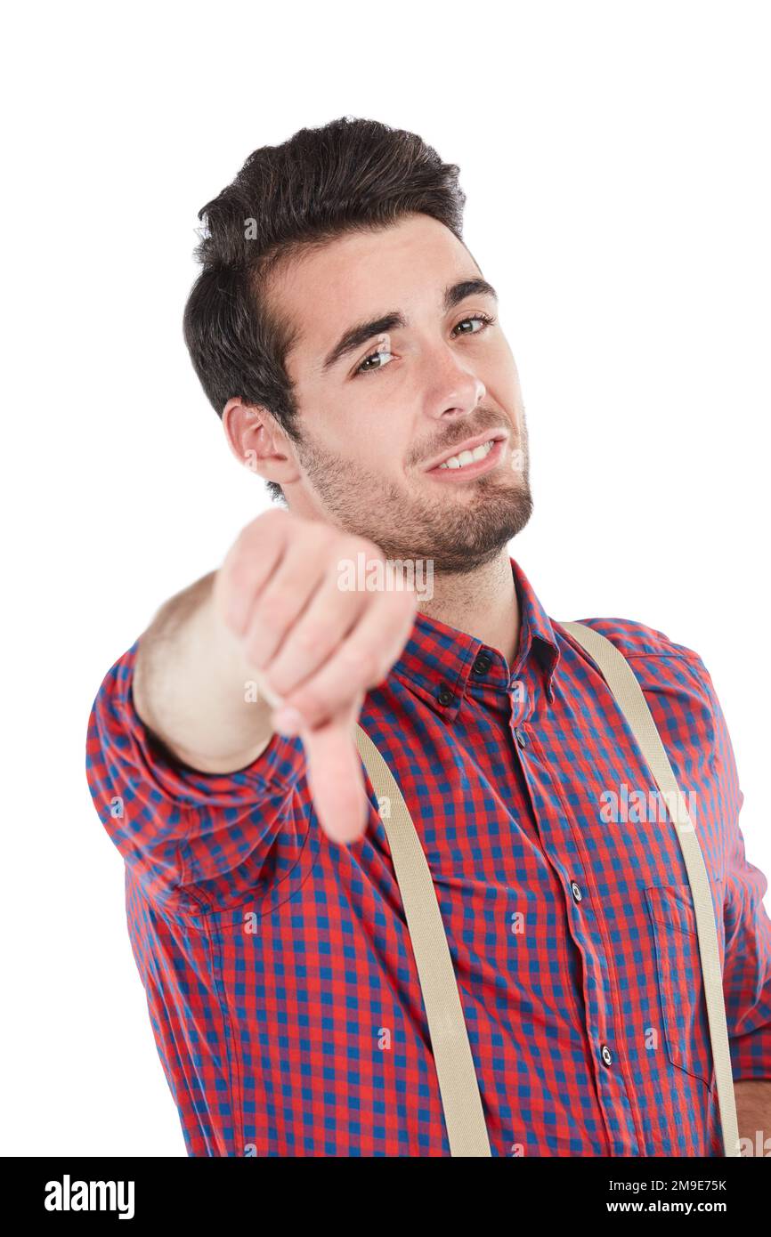 Thumbs down, man and portrait of a person showing negative, fail and no ...