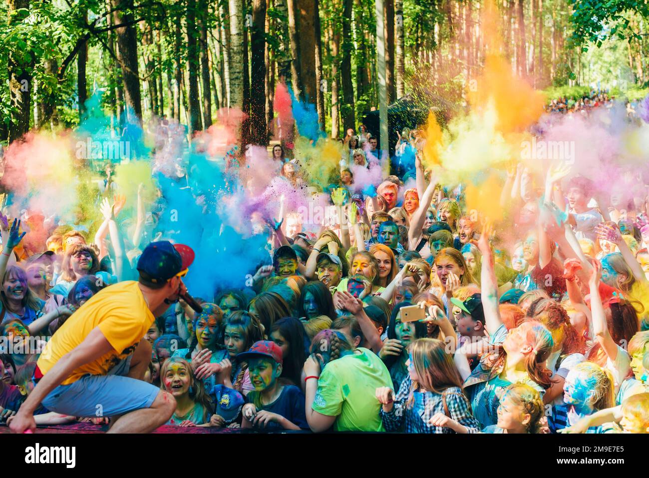 VICHUGA, RUSSIA - JUNE 17, 2018: A crowd of happy people at the ...