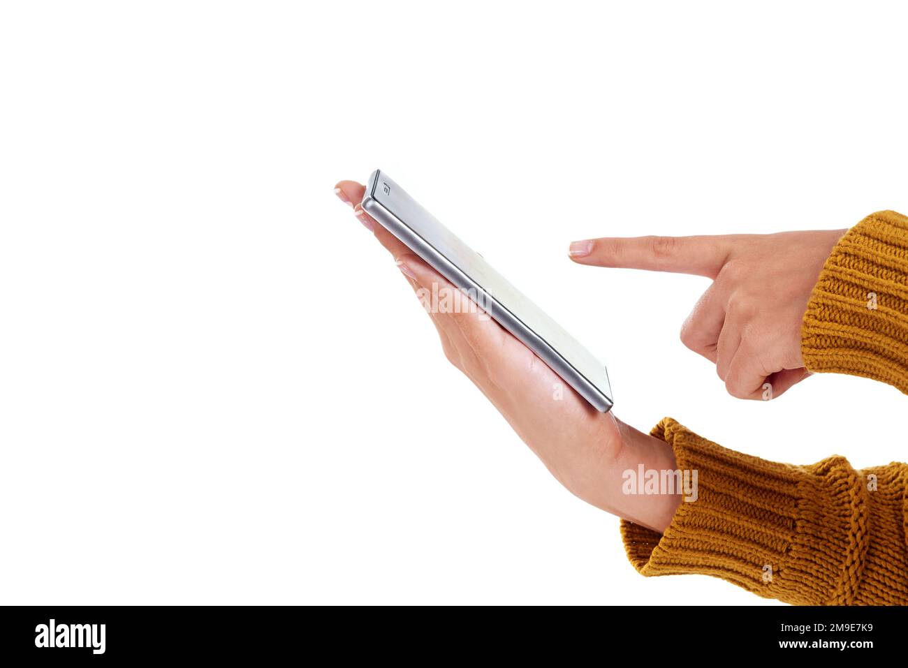 Woman, hand and phone in studio with screen, communication and typing ...