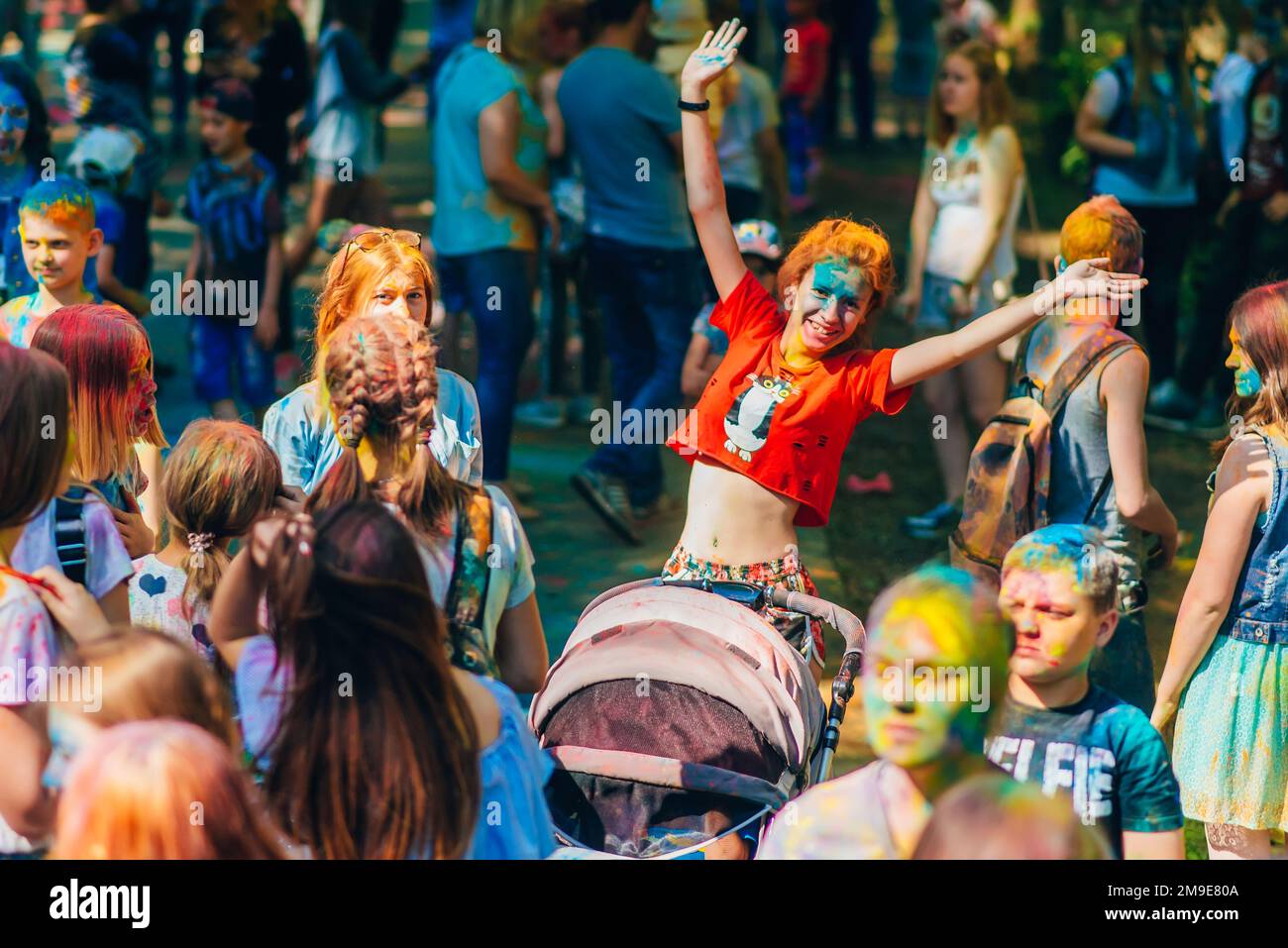 VICHUGA, RUSSIA - JUNE 17, 2018: Happy girls with faces in paint at the ...