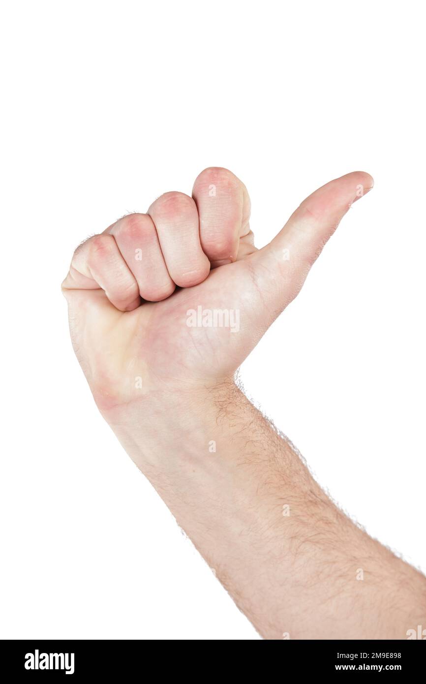 Sign language, hand and thumb pointing in a studio for direction ...