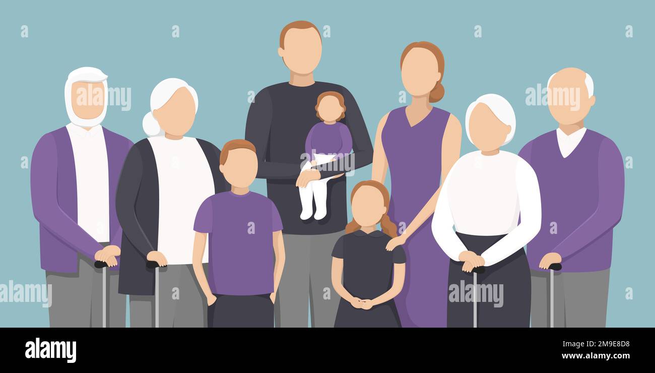 United family. Grandparents, parents and children together. Vector ...