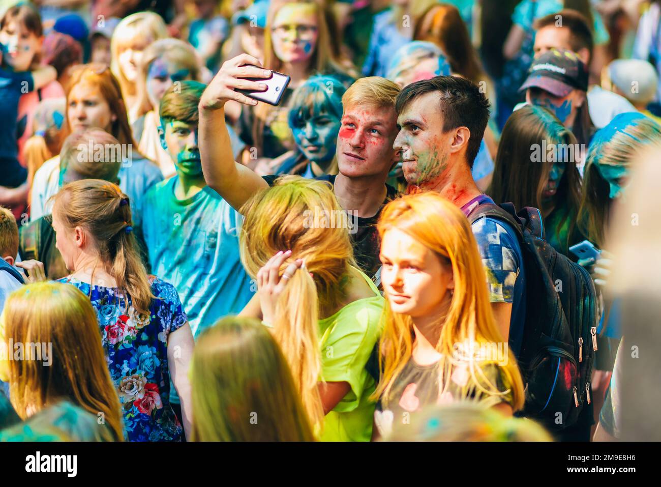 VICHUGA, RUSSIA - JUNE 17, 2018: Happy people at the festival of colors ...