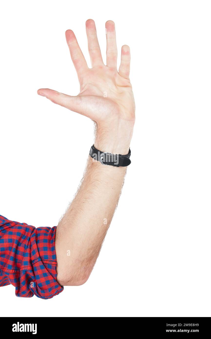 Hand, high five and man with hello, welcome and five number gesture ...