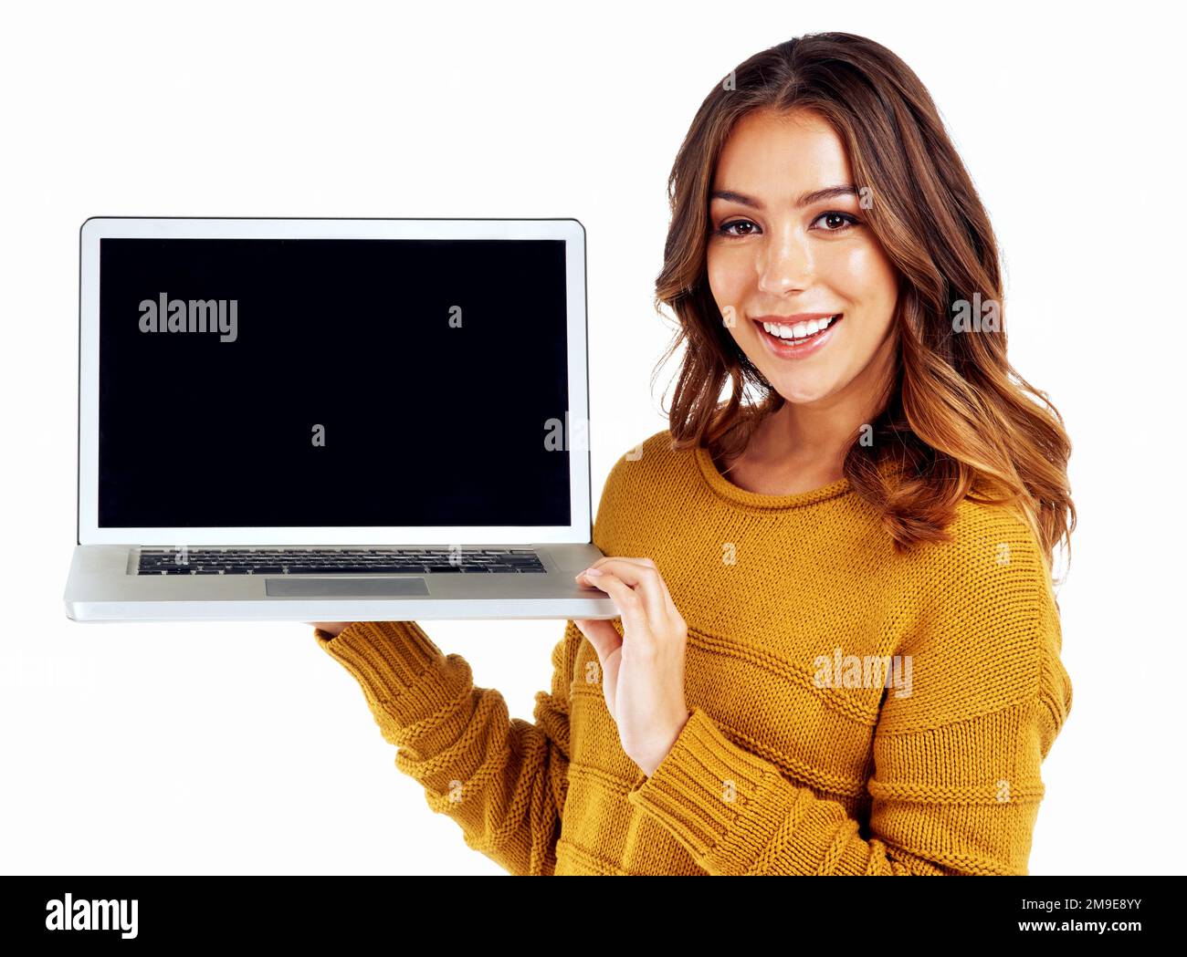Woman, portrait or laptop mockup screen on isolated white background ...