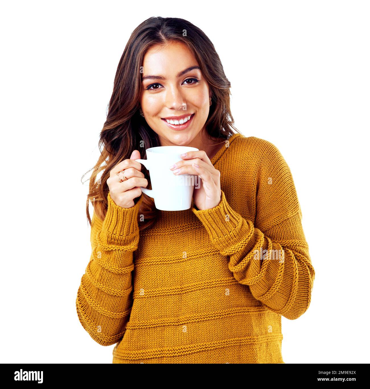 Woman, portrait and drinking coffee on isolated white background ...