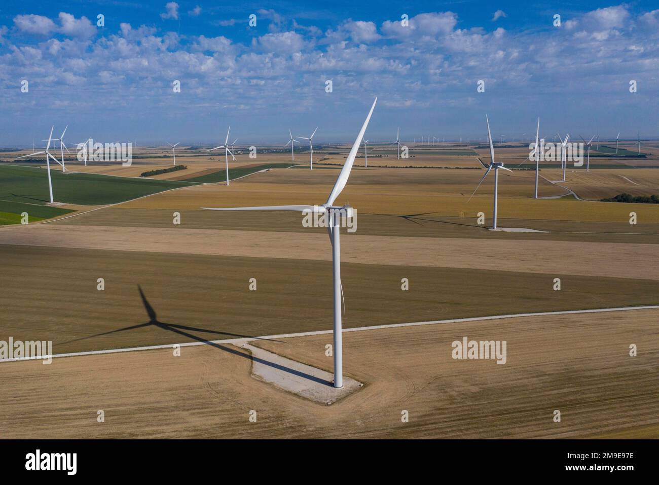 Aerial view wind farm, wind turbines on fields, symbolic image ...