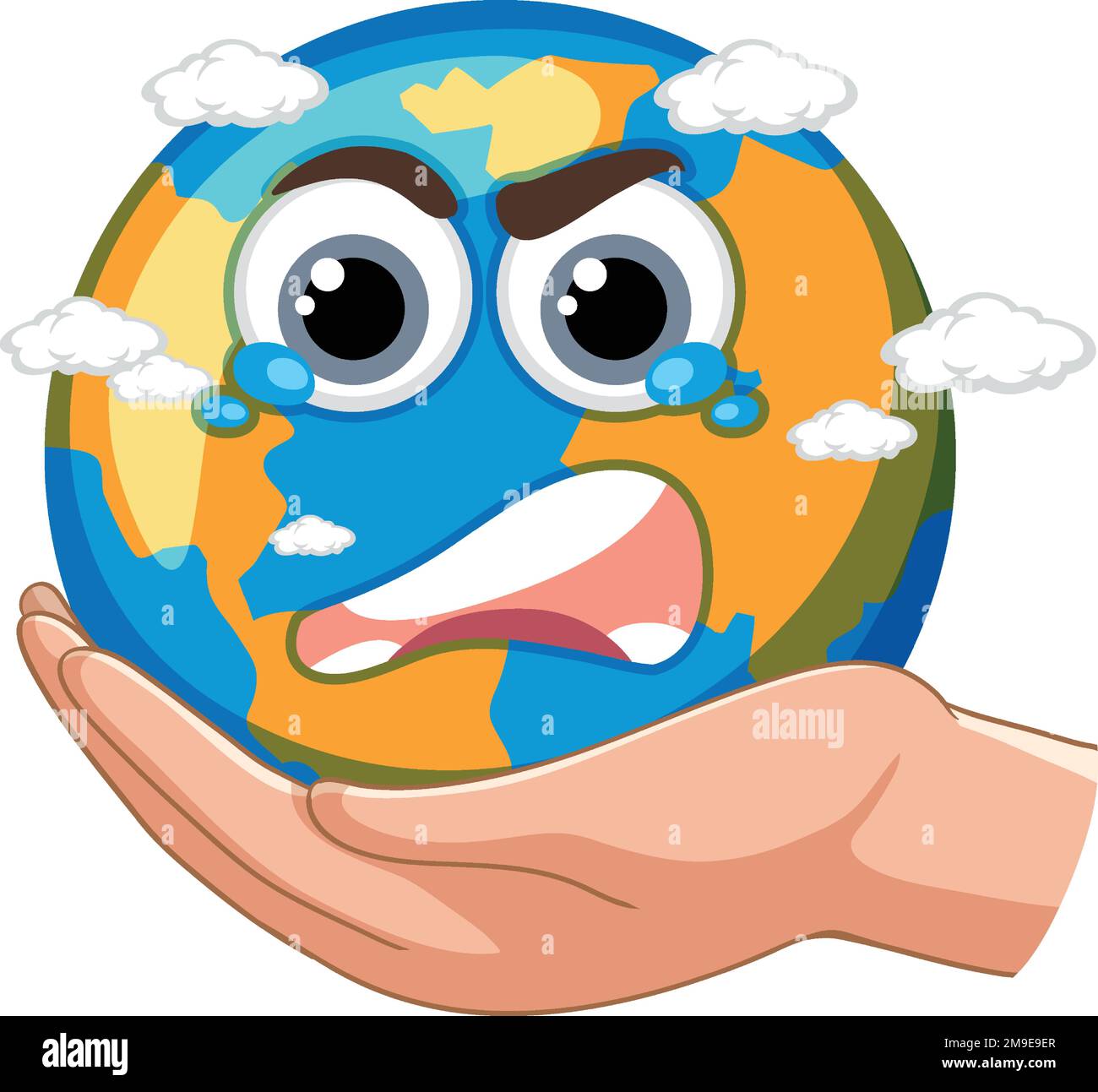 Human hand holding crying earth from global warming illustration Stock ...