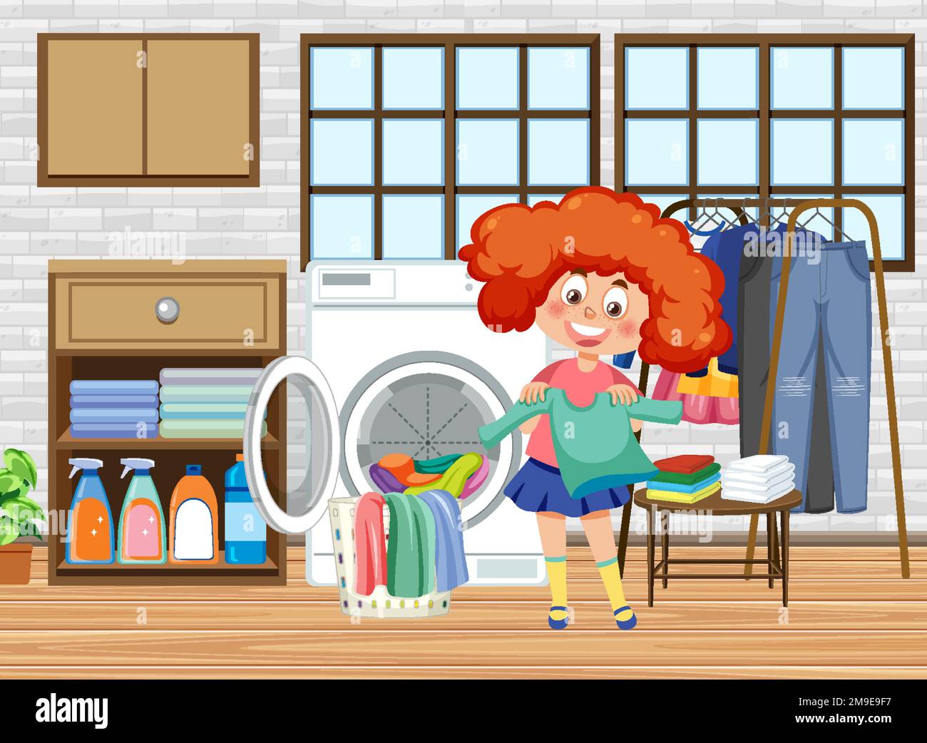 A girl doing laundry illustration Stock Vector Image & Art - Alamy