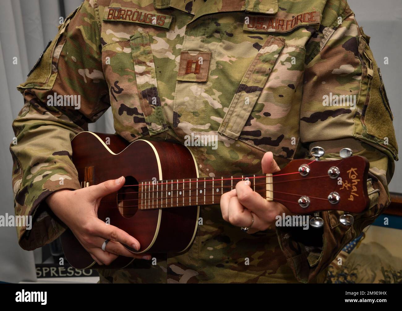 U.S. Air Force Capt. Amanda Burroughs, 363d ISR Wing Weapons and Tactics chief, plays her ...