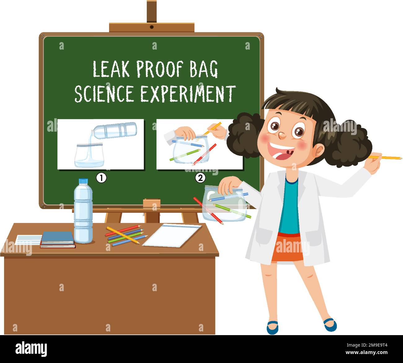 Student girl explaining leak proof bag science experiment illustration ...