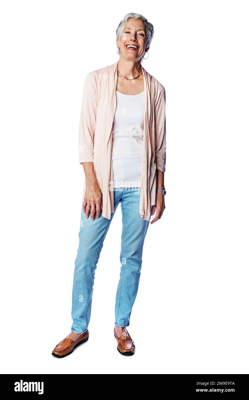 Senior woman, standing and isolated on a white background for profile ...