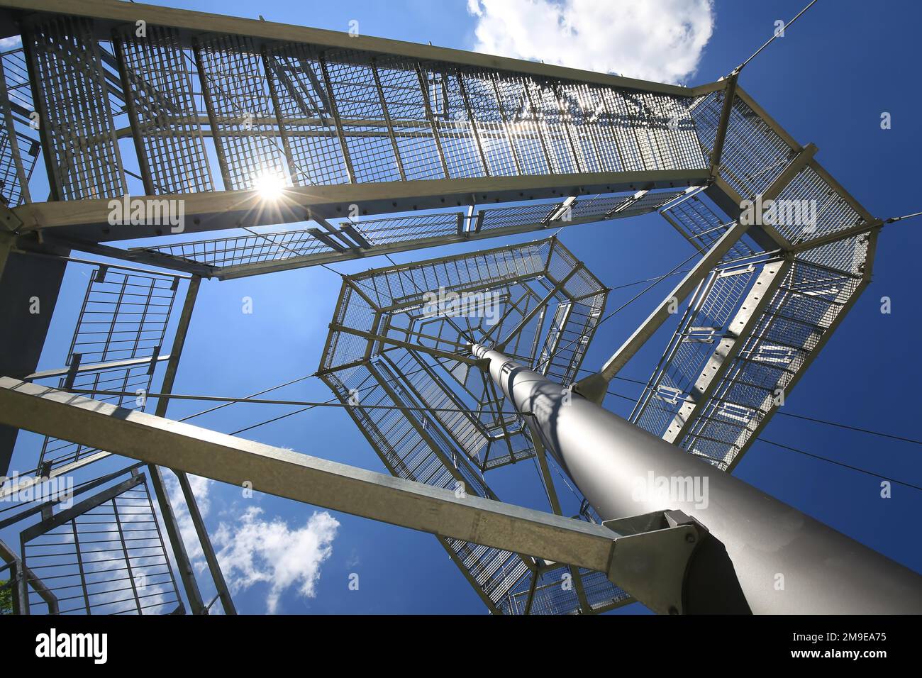 Steel observation tower and suspension bridge on the Iller in fine ...